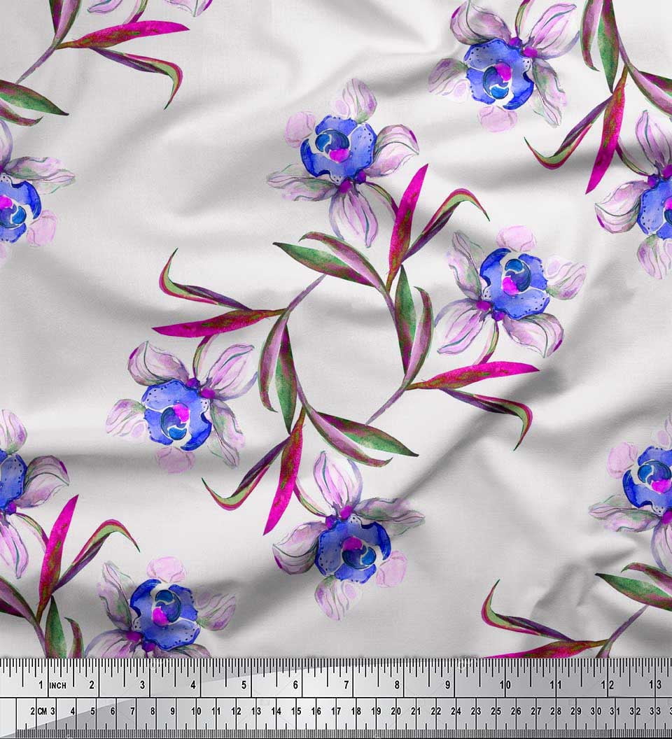 Soimoi Satin Silk Fabric Leaves & Floral Flower Print Fabric by The ...