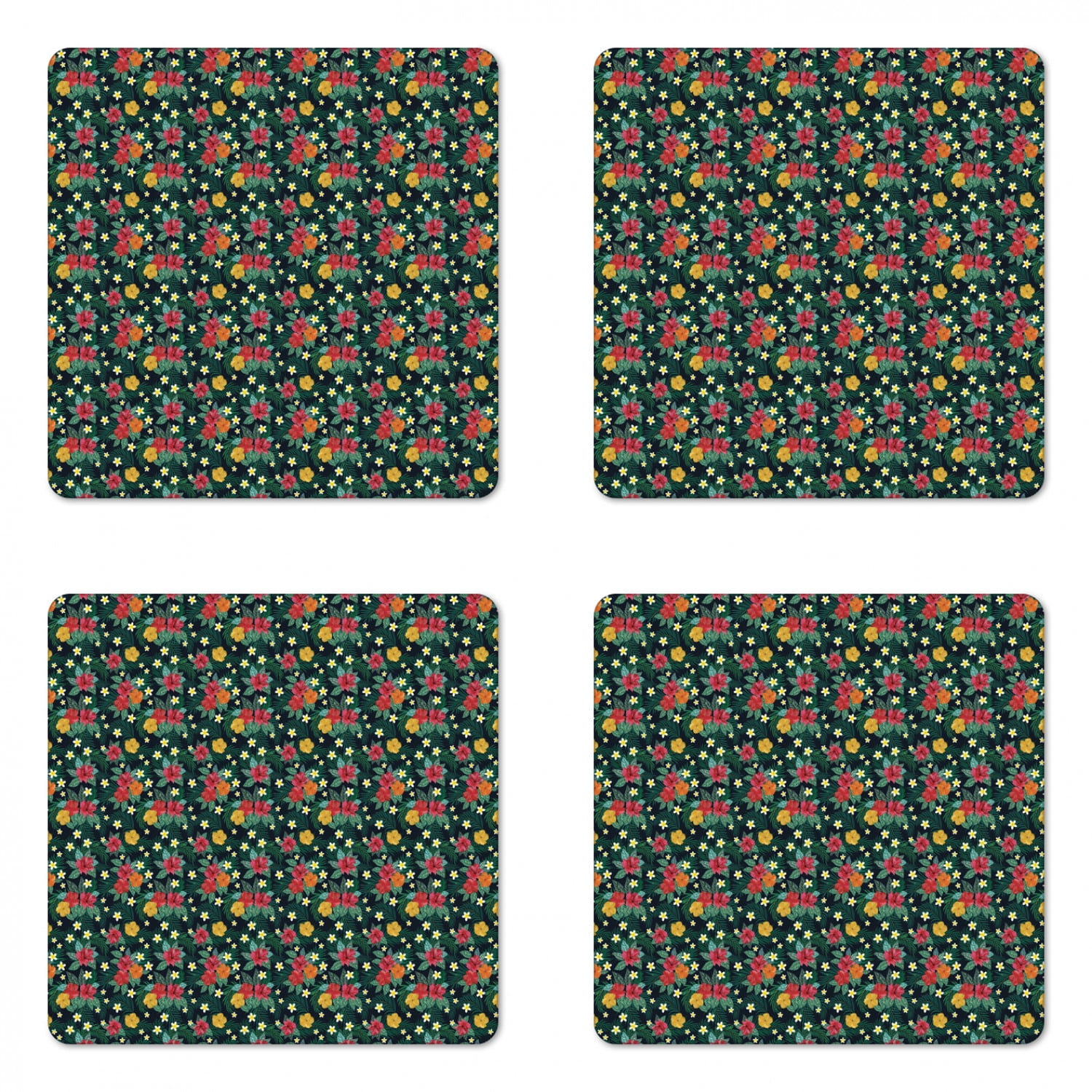 Tropical Coaster Set of 4, Bouquet of Hibiscus and Monstera Flowers ...