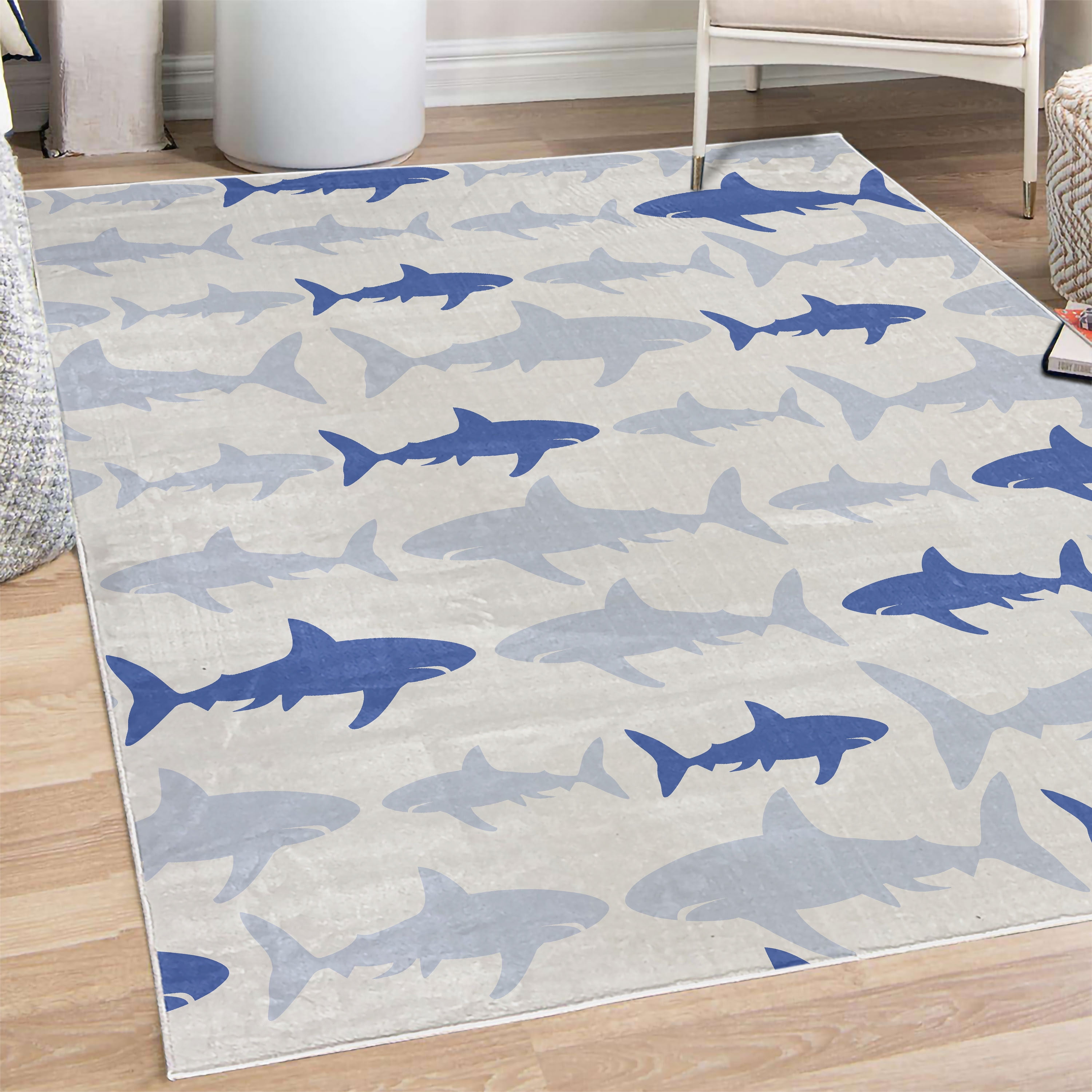 Sea Animals Decorative Rug, Monochrome Shark Illustration Fashion ...