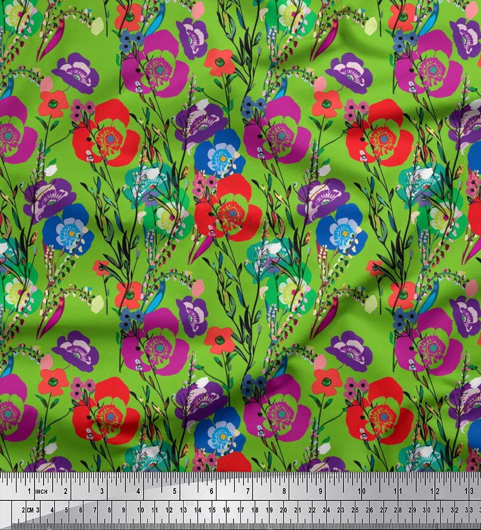 Soimoi Satin Silk Fabric Leaves & Poppy Floral Print Fabric by Yard 42 ...