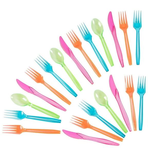 300 Pack Neon Party Disposable Plastic Silverware Heavy Duty, Plastic ...