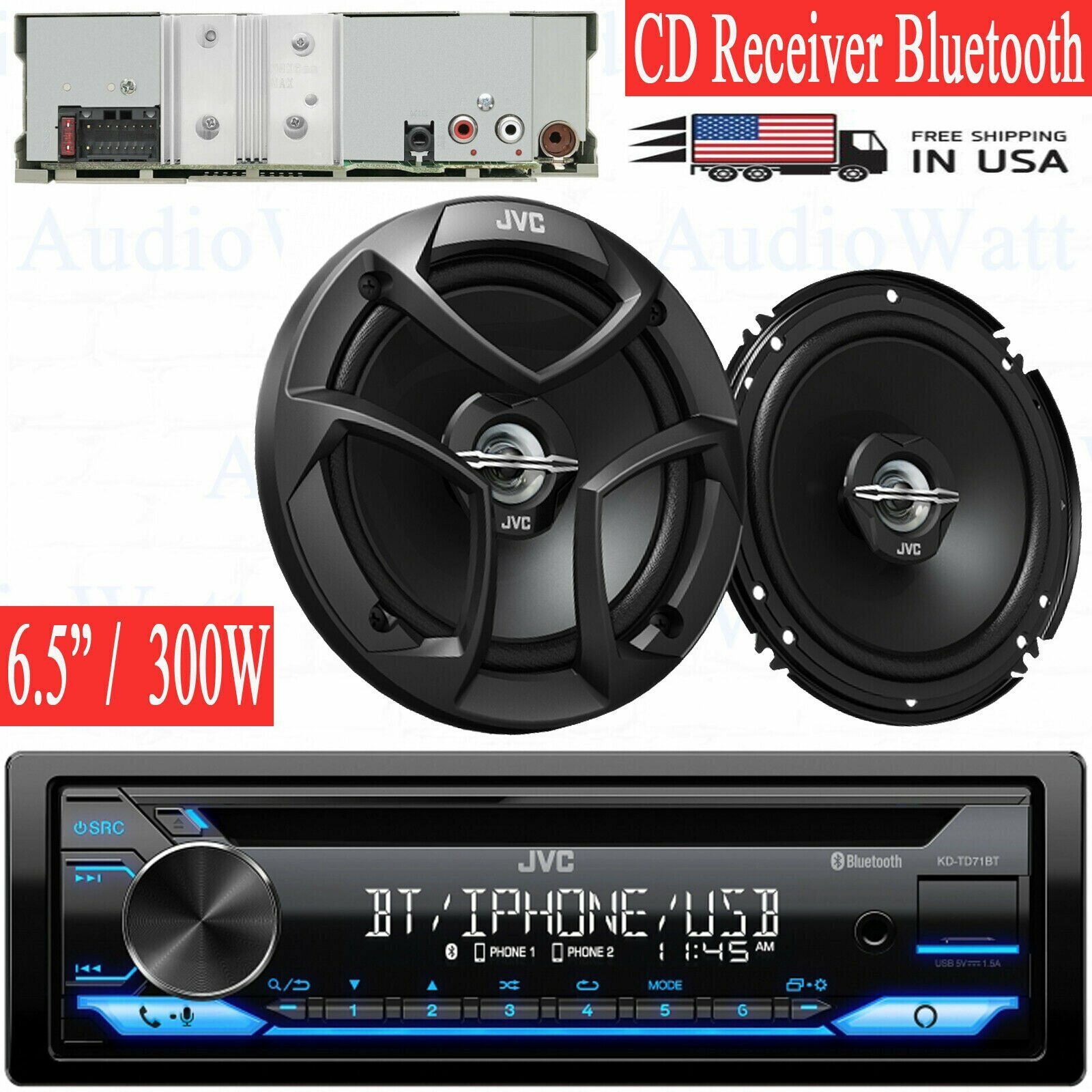 NEW JVC KD-TD71BT 1-DIN CD Receiver w/ Bluetooth USB + 2x CS-J620 6.5" Speakers Bundle - Walmart.com