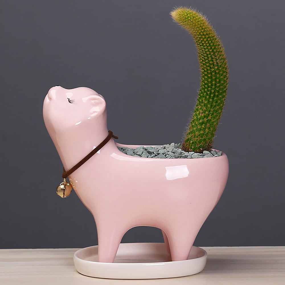 Succulent Planters Pot with Drainage Tray, 5" Cute Cat Pink Ceramic ...