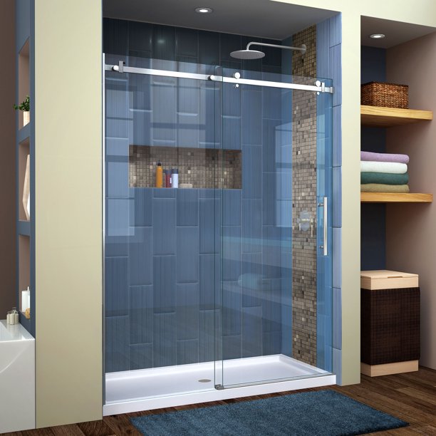 DreamLine Enigma Air 56-60 in. W x 76 in. H Frameless Sliding Shower Door in Brushed Stainless ...