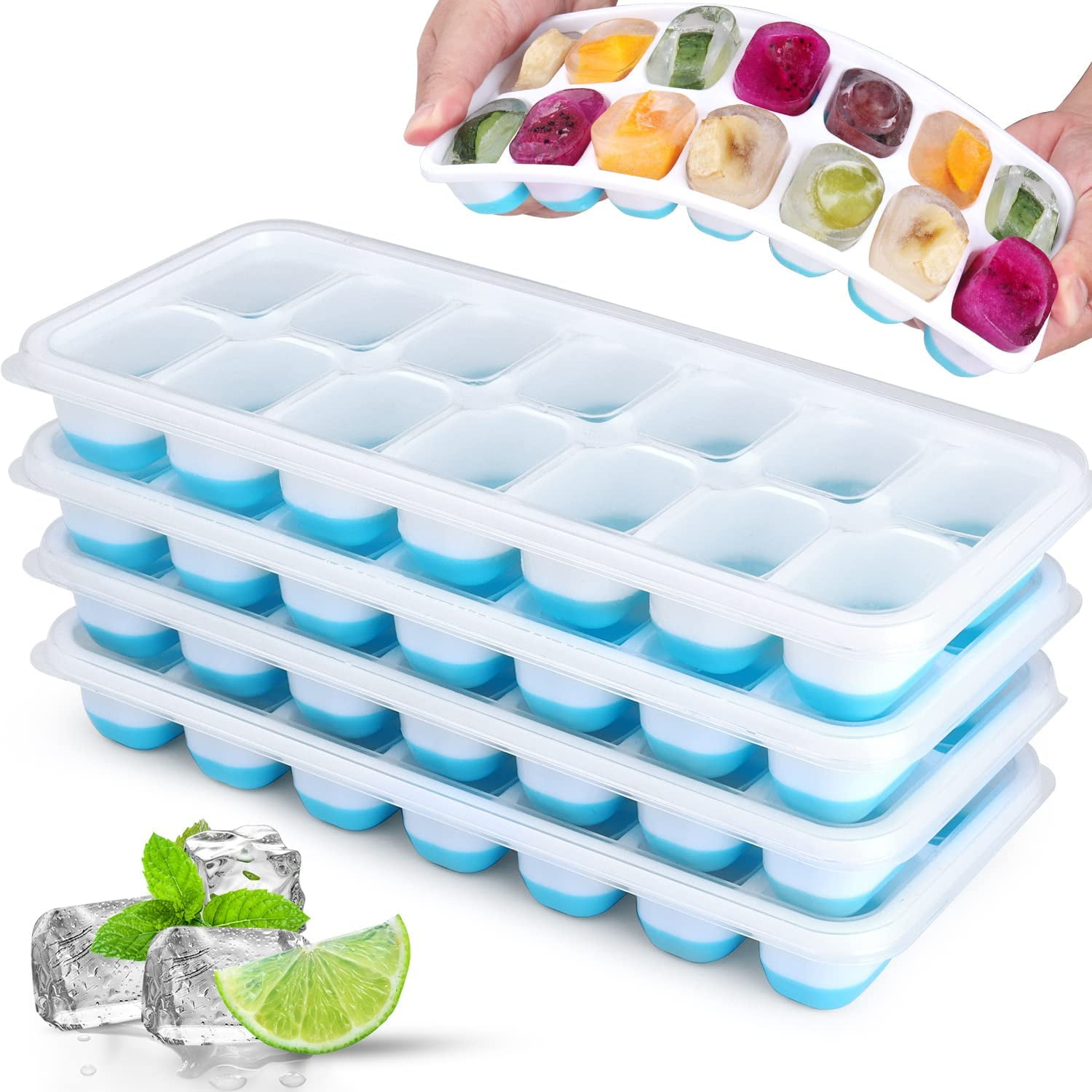 HUART Silicone Ice Cube Trays with Spill-Resistant Removable Lid, 4 ...