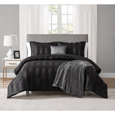 Mainstays Rich Black 5 Piece Damask Stripe Comforter Set, King, Adult ...