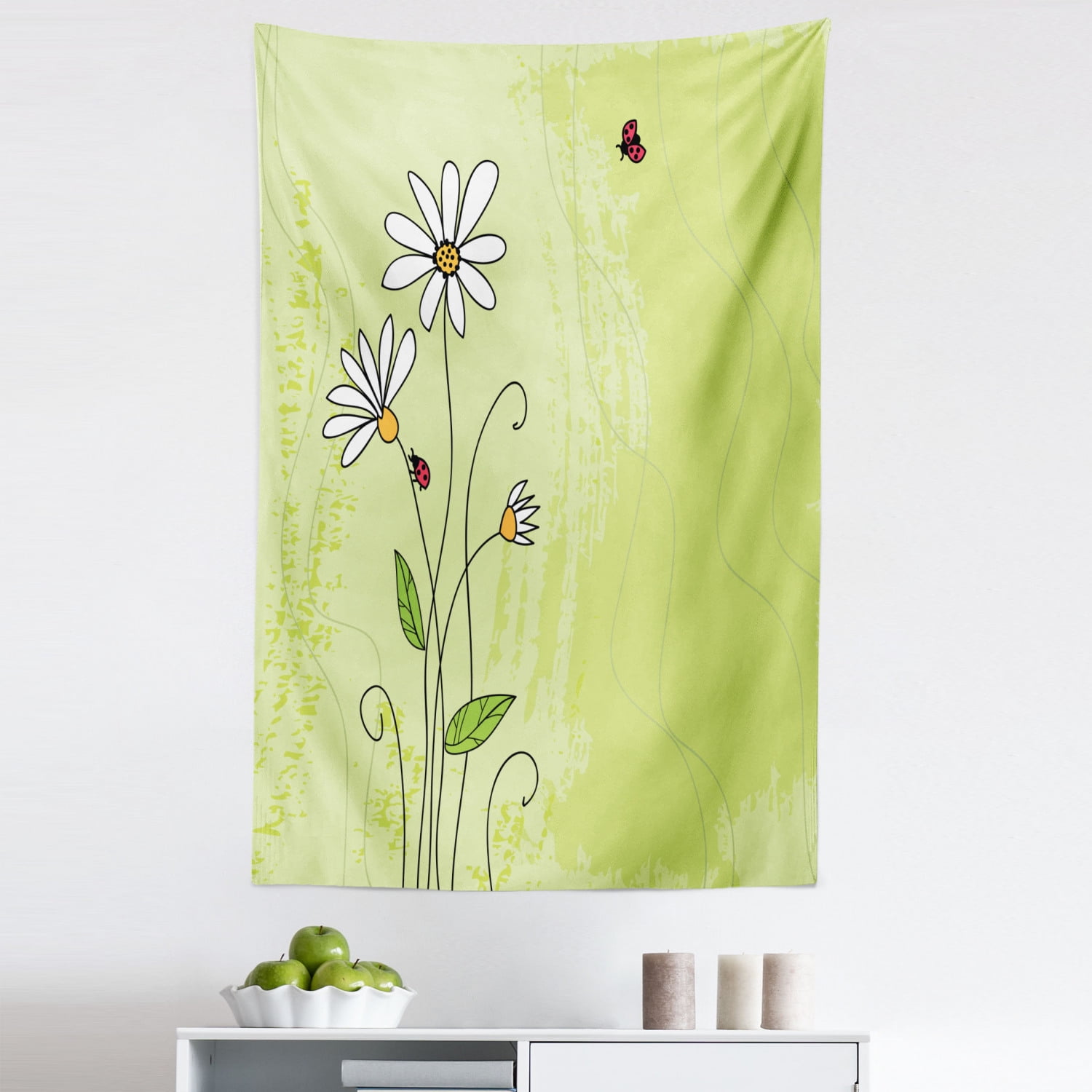 Daisy Tapestry, Hand Drawn Style Chamomile Flowers Ladybugs and Grunge ...