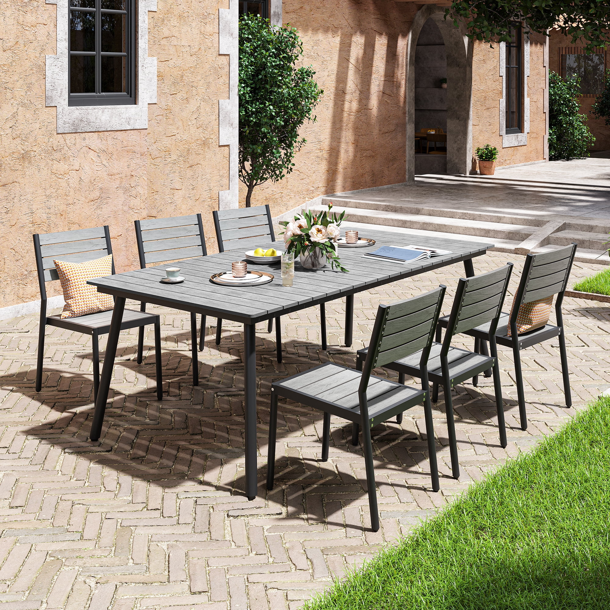Pellebant 7 Pcs Gray Patio Set 6 Armless Chairs 1 Table with Umbrella ...