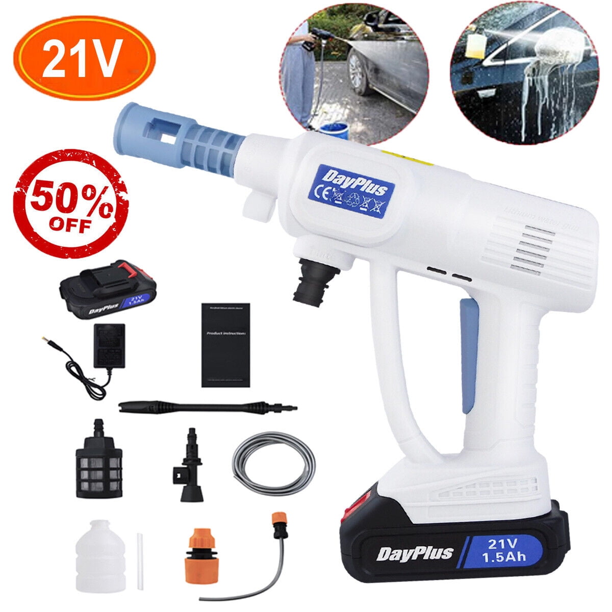 Dayplus 21V Cordless Electric Pressure Washer, High Power Water Spray ...