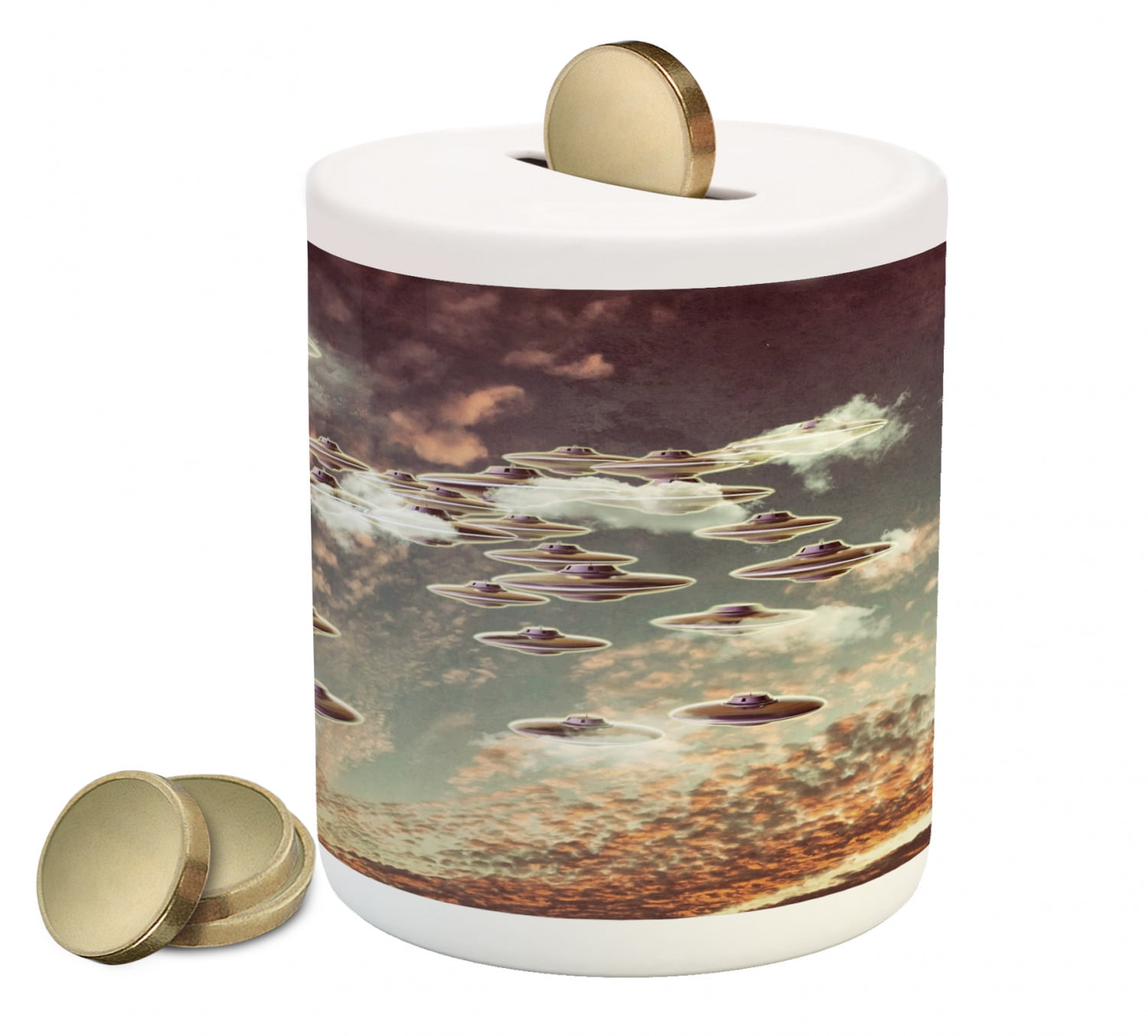 Outer Space Piggy Bank, Flying Objects in Cloudy Sky UFOs Aliens ...