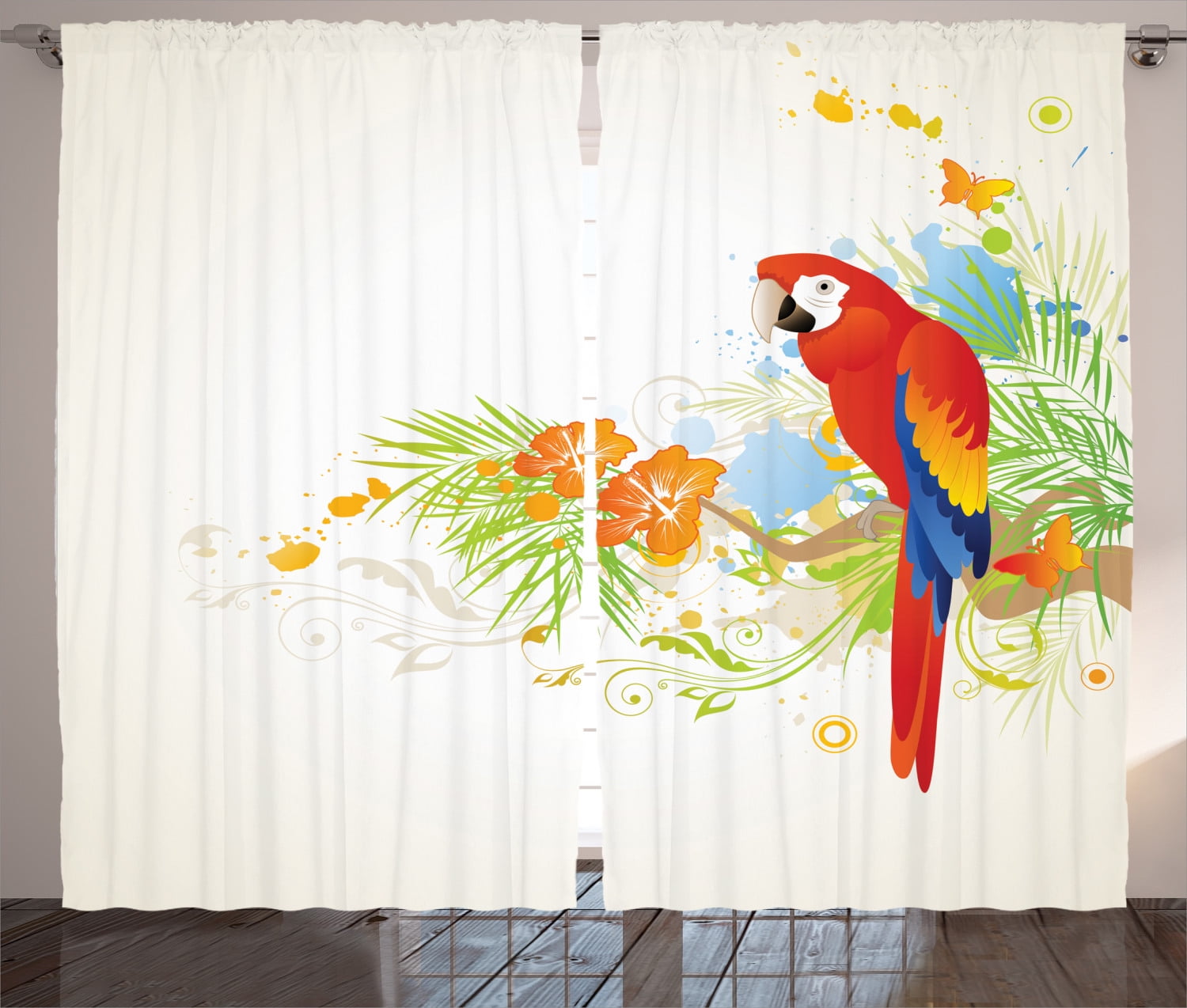 Parrots Decor Curtains 2 Panels Set, Summer Background with Floral ...