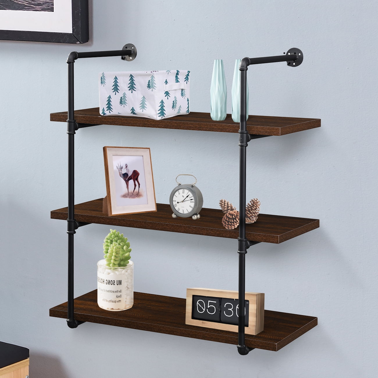 3 Tier 12" Deep Industrial Wall-Mounted Iron Pipe Shelving Unit Pipe ...