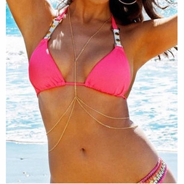 Gold Tone Bikini Crossover Harness Double Layered Waist Belly Body