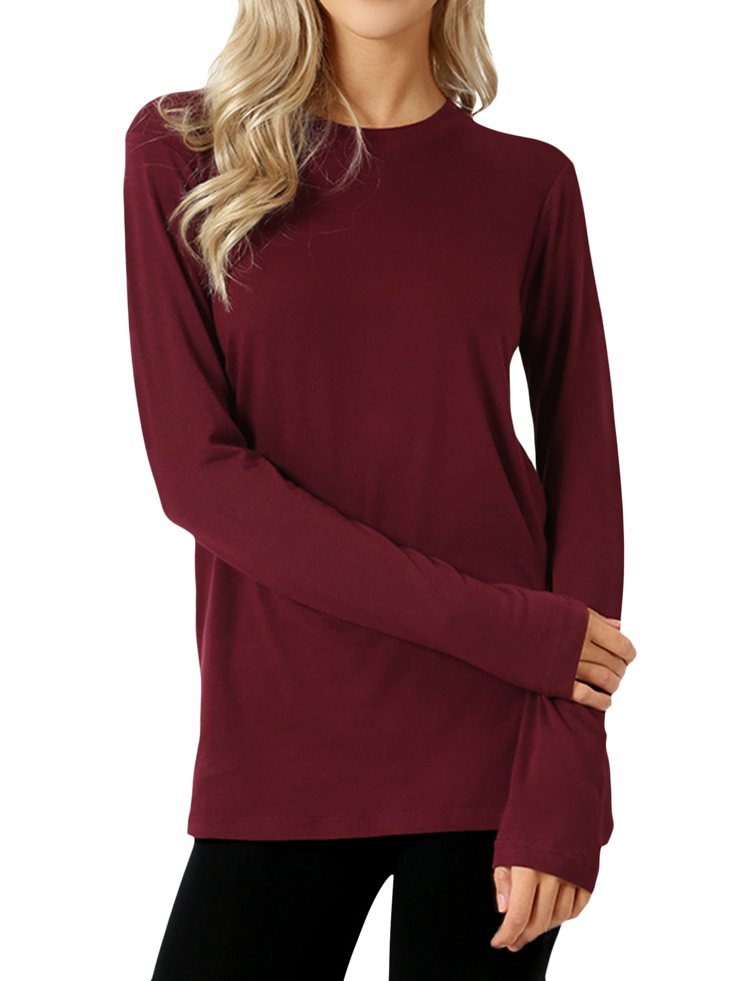 Women Basic Round Crew Neck Long Sleeve Stretch Cotton Spandex T-Shirts ...