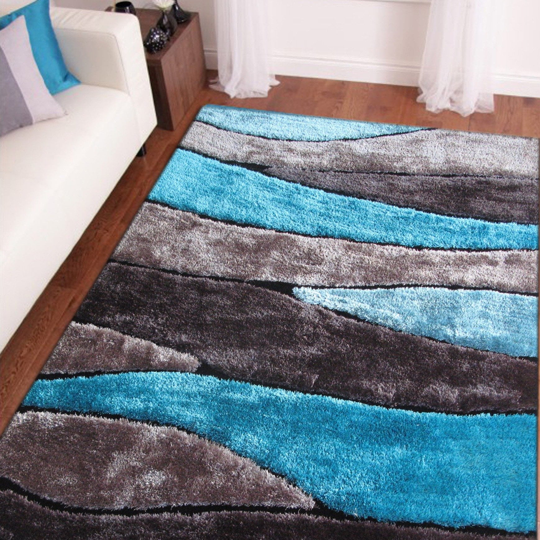 Gray/Blue Living Shag Waves Soft Plush Design 3D Effect 5' x 7' Area ...