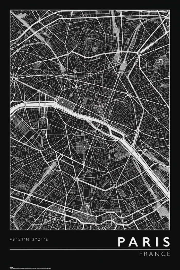 Map Of Paris France - Black & White Photography Poster (The Streets Of ...