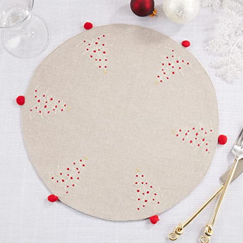 Fennco Styles Embroidered Christmas Trees Pom Pom Trim Placemats 14 ...