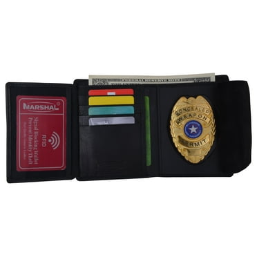 RFID Mens Genuine Leather Black Security Badge Holder Trifold Wallet ...