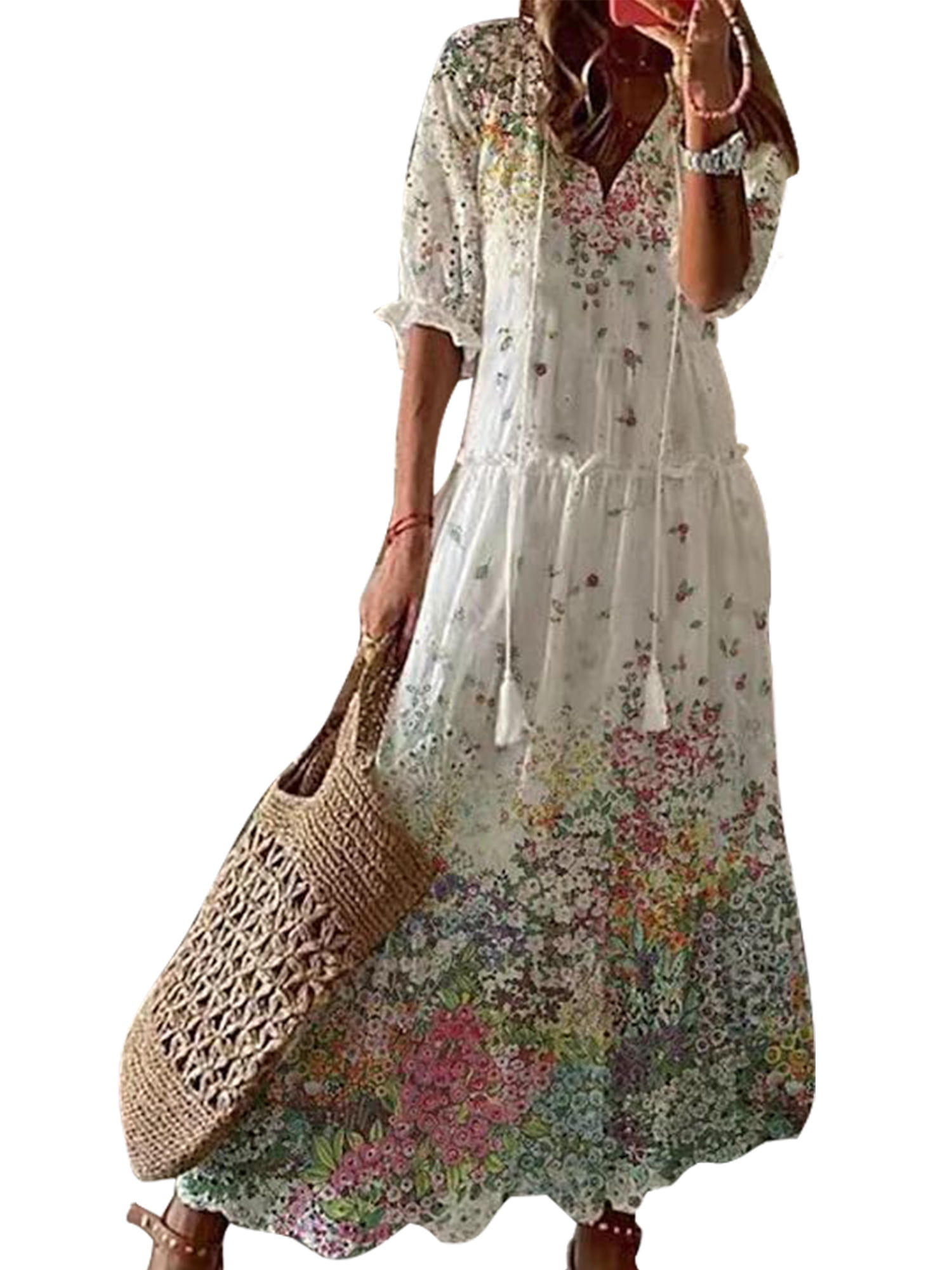 Glonme V Neck Long Dress for Women Loose Travel Summer Beach Sundress ...