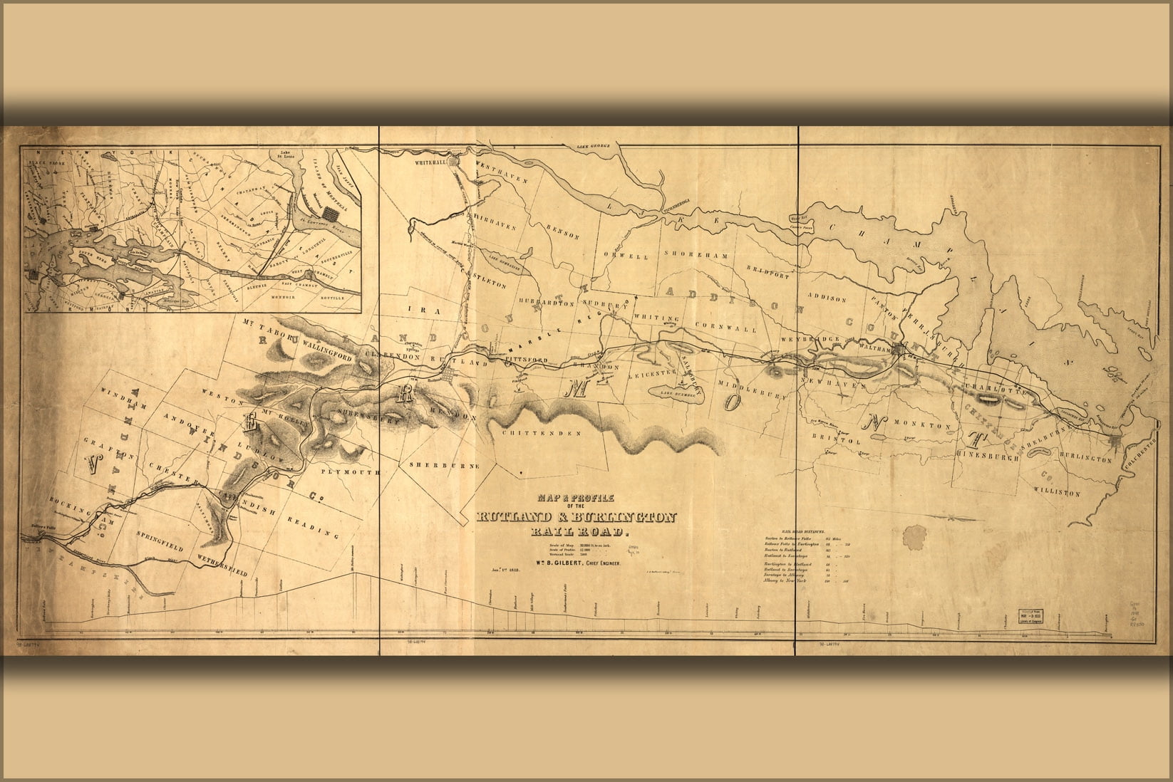 24"x36" Gallery Poster, Map of the Rutland & Burlington Railroad 1848 ...