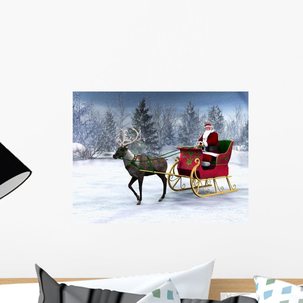 Reindeer Pulling Sleigh with Wall Mural by Wallmonkeys Peel and Stick ...