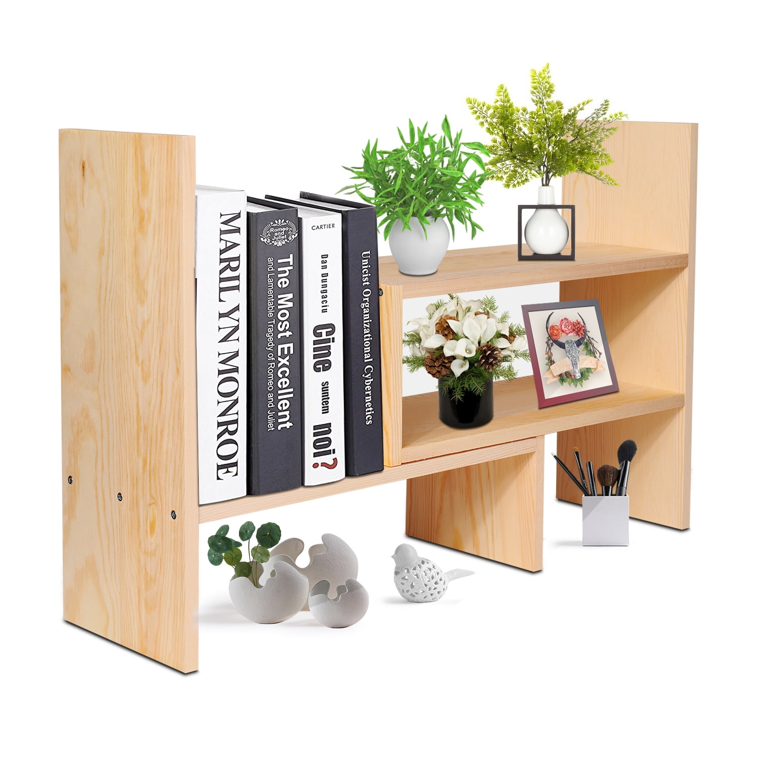 Natural Wooden Desktop Shelf Wood Caddy Desk Organizer Set Beige