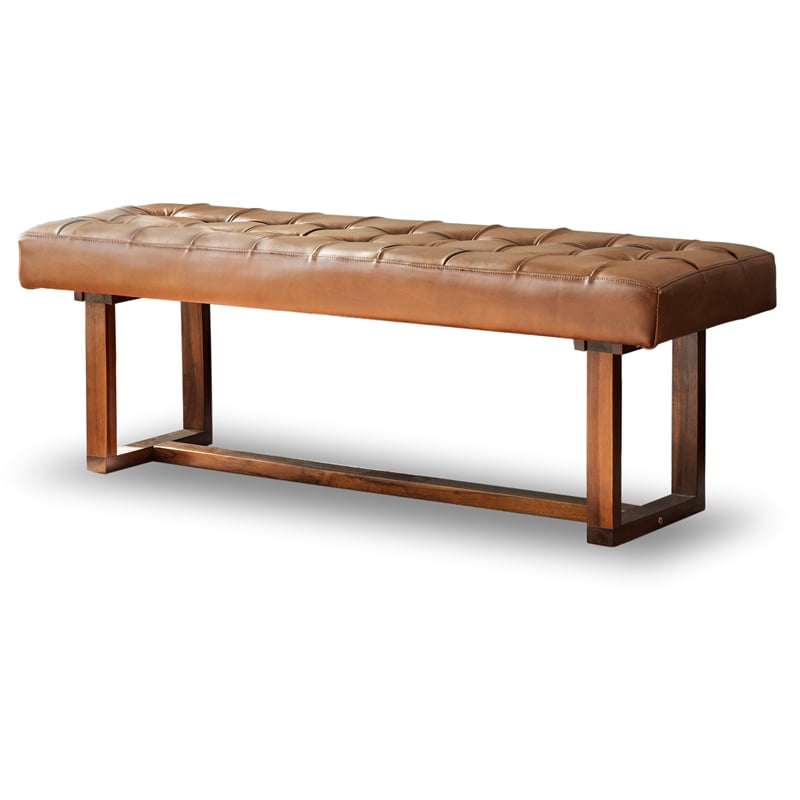 Espresso Mid-Century Modern Rectangular Genuine Leather Bench in Tan ...