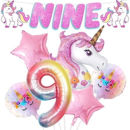 Glitter Nine Banner with Number 9 Balloon - 40 Inch Unicorn 9th ...
