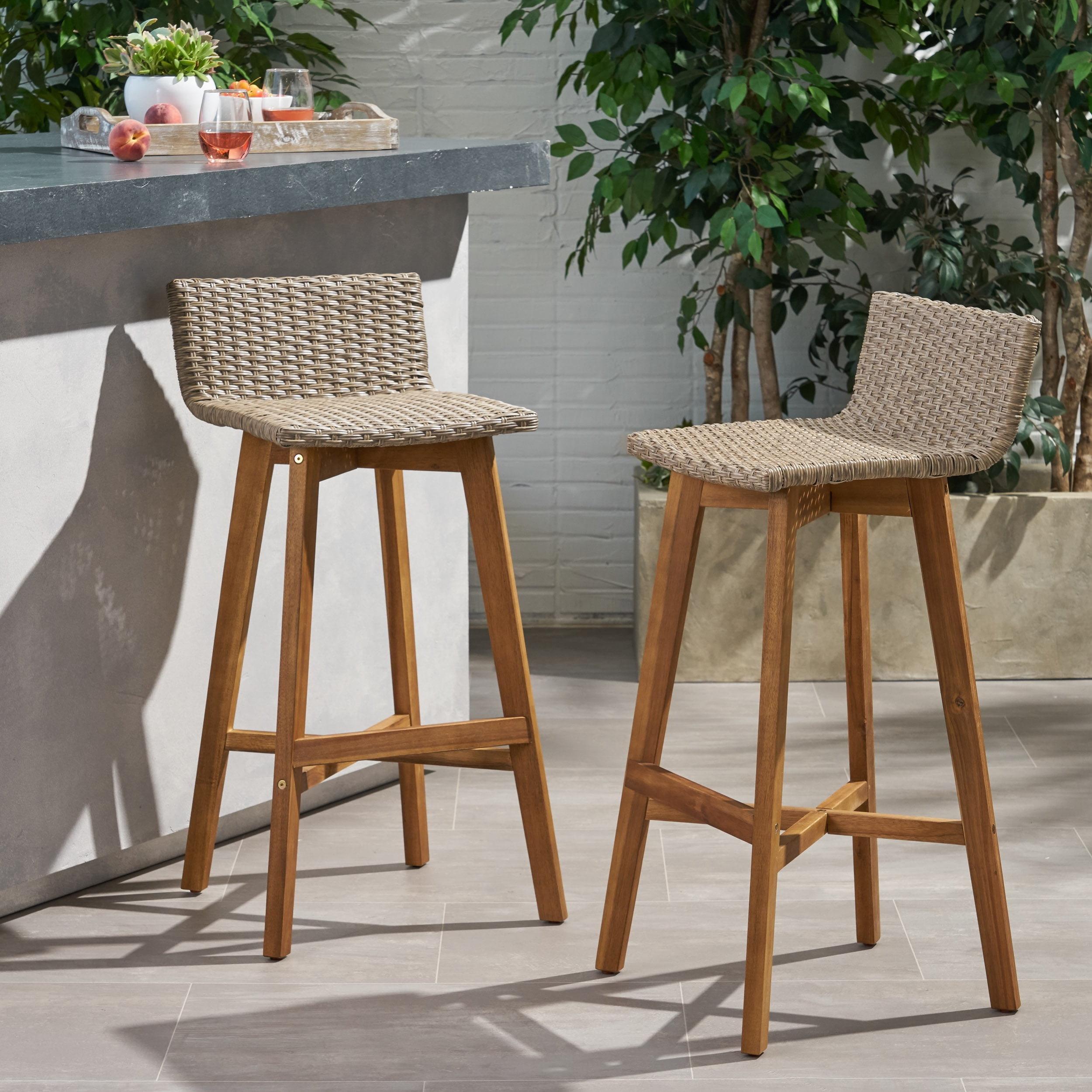 Pico Brea Outdoor Acacia Wood & Wicker Barstools, Set of 2, Light Brown ...