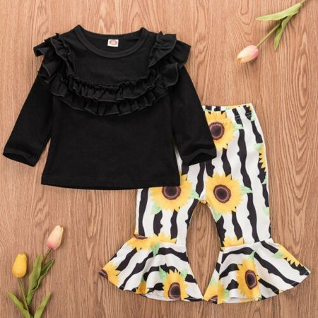 Kids Baby Girls Black Fungus Top + Sunflower Bell Bottom Pants Party ...
