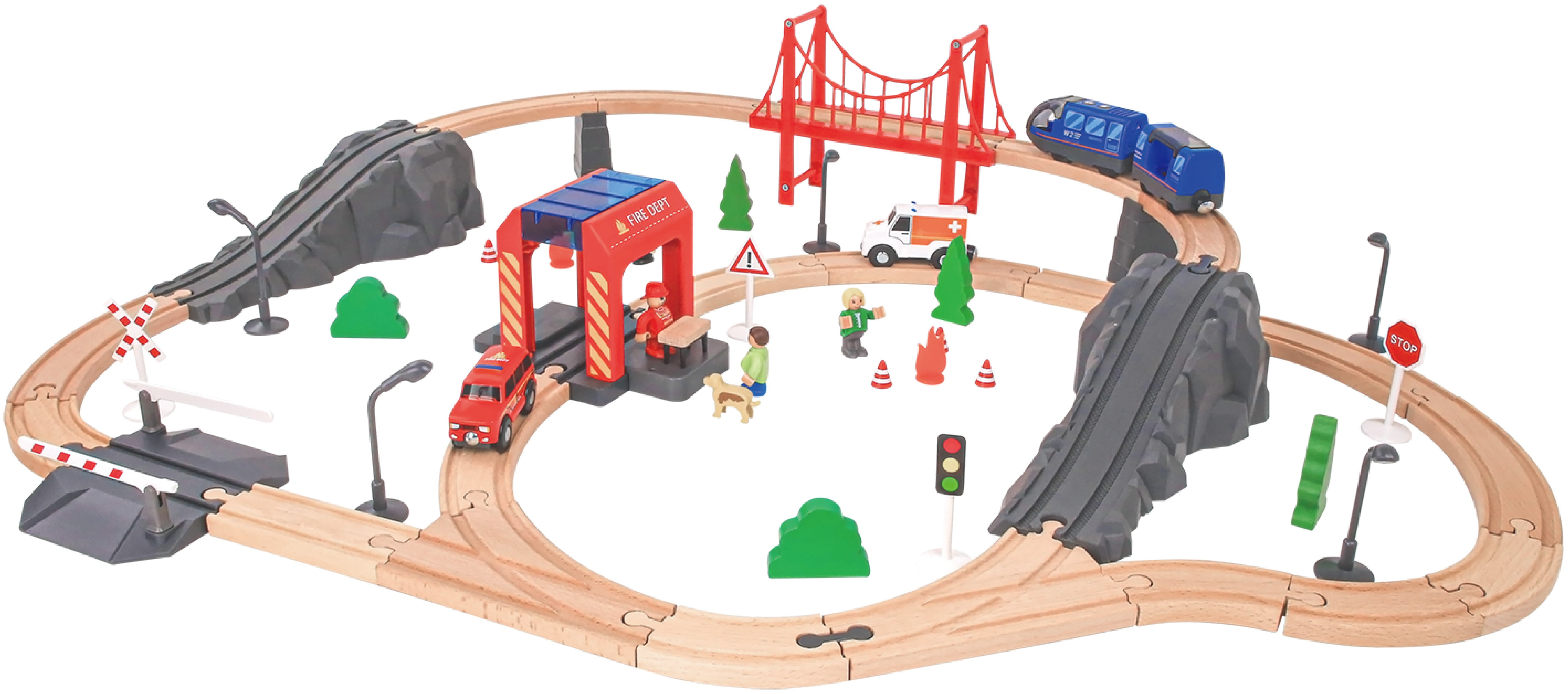 TOOKYLAND Fire Rescue Train Set - 70pcs - Battery Powered Train, Wooden ...