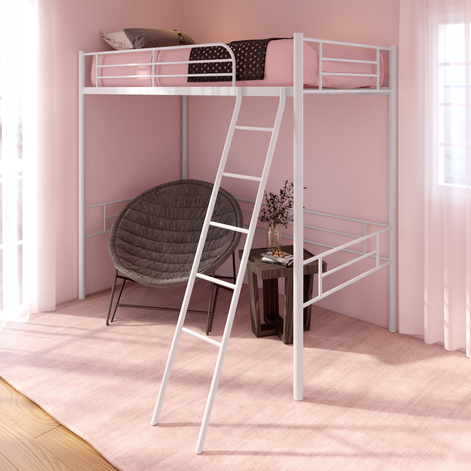 Nestfair White Twin Size Metal Frame Loft Bed