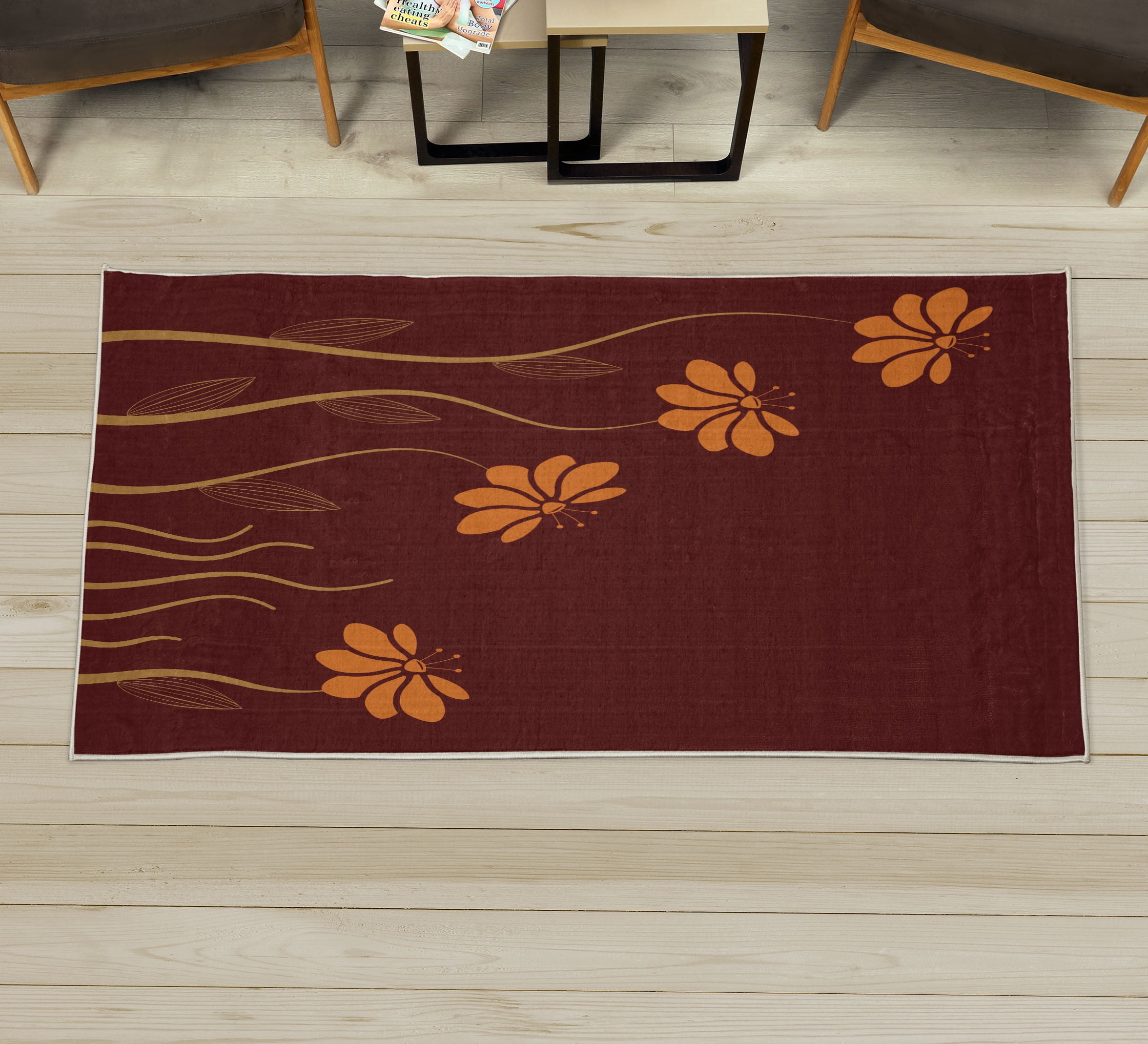 Flower Decorative Rug, Floral Petals with Striped Leaves and Lines ...