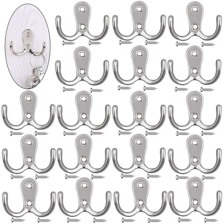 18 Pieces Double Prong Robe Hooks with 36 Screws Dual Coat Hooks Wall ...
