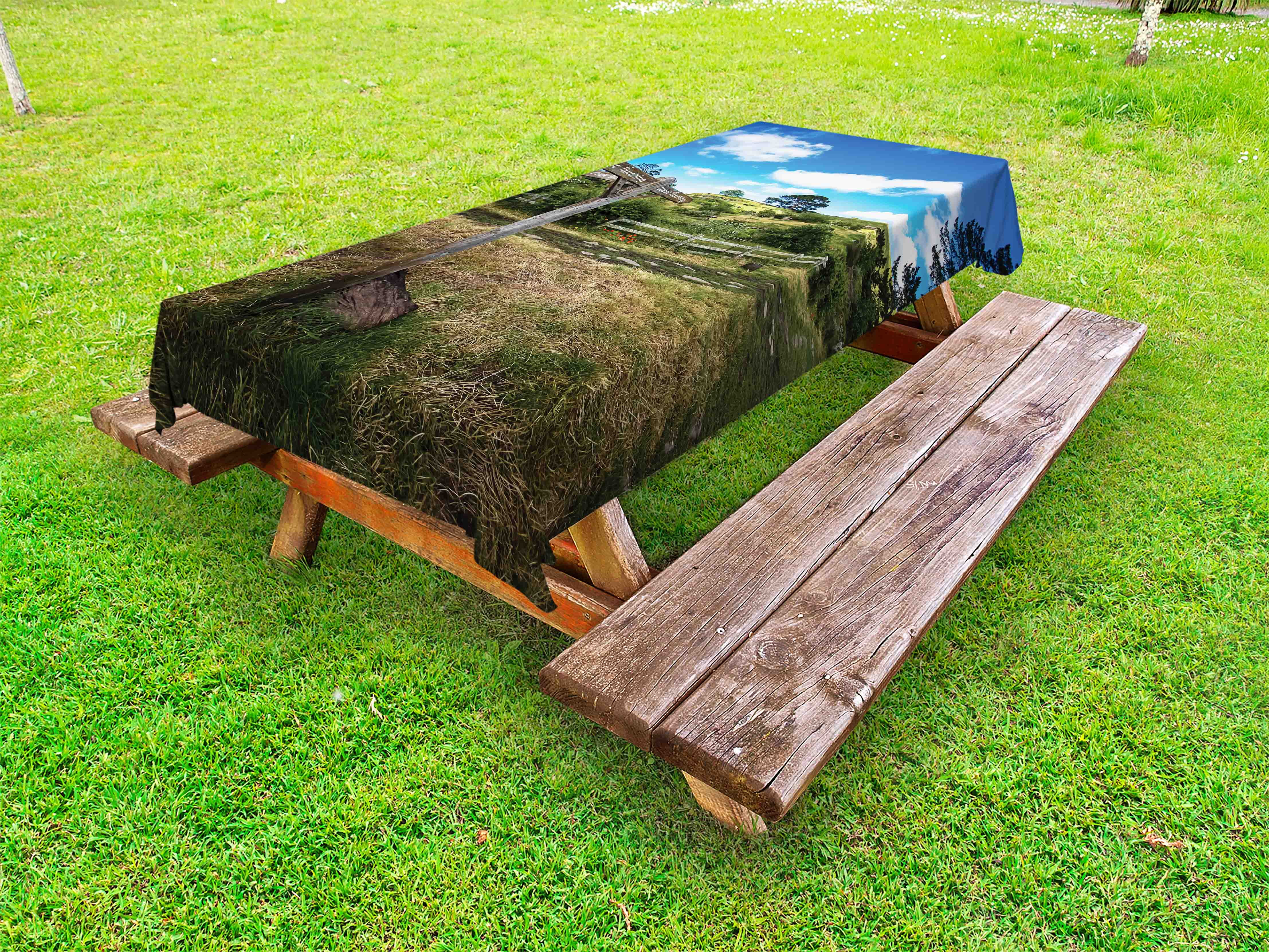 Hobbits Outdoor Tablecloth, Rustic Wooden Sign in Hobbit Land East West ...