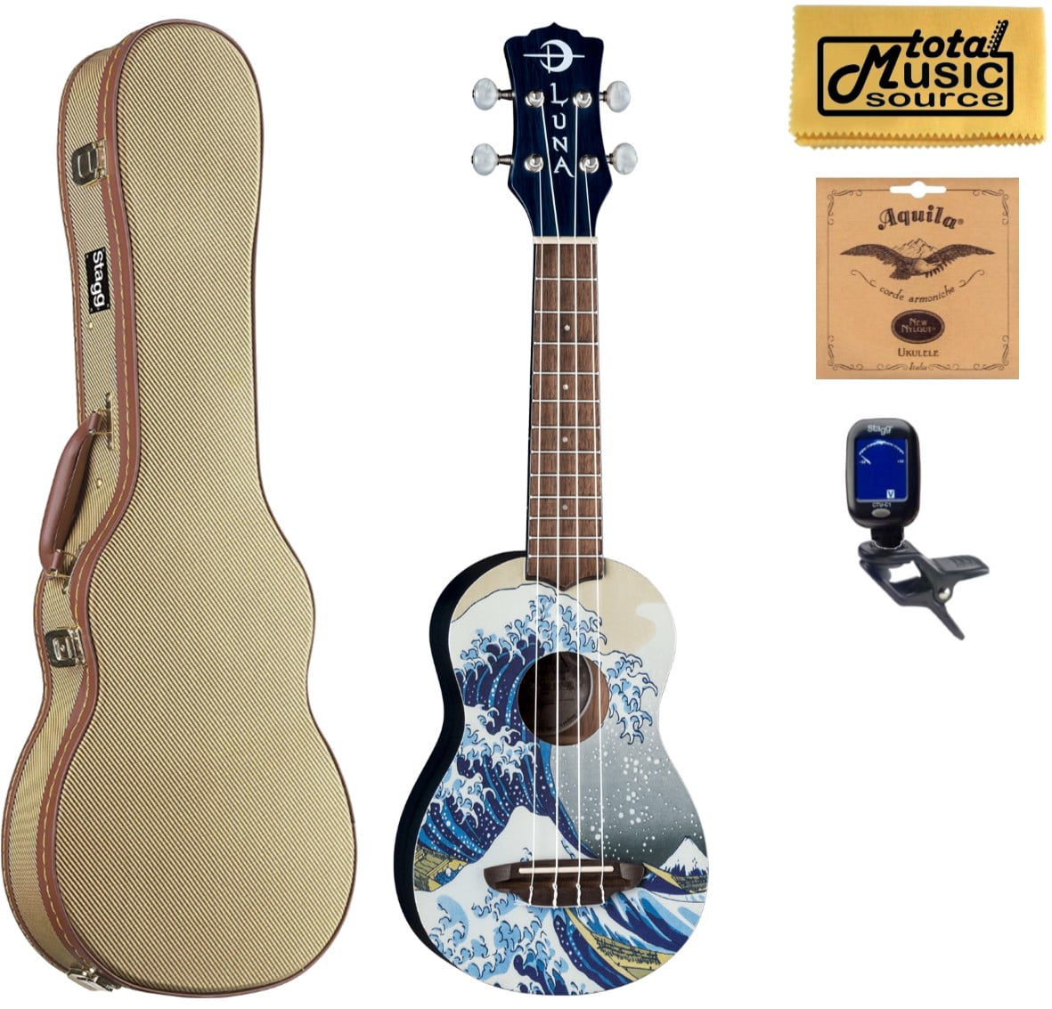 Luna UKE GW SOPRANO Uke Great Wave Soprano Ukulele Tweed Case Bundle ...
