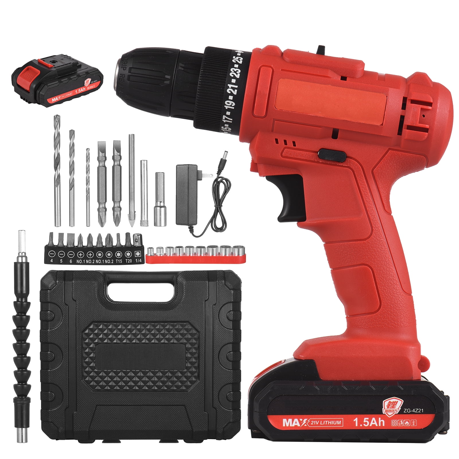 Cordless Power Drill Set, 21V Electric Drill with Fast Charger 3/8-Inch ...