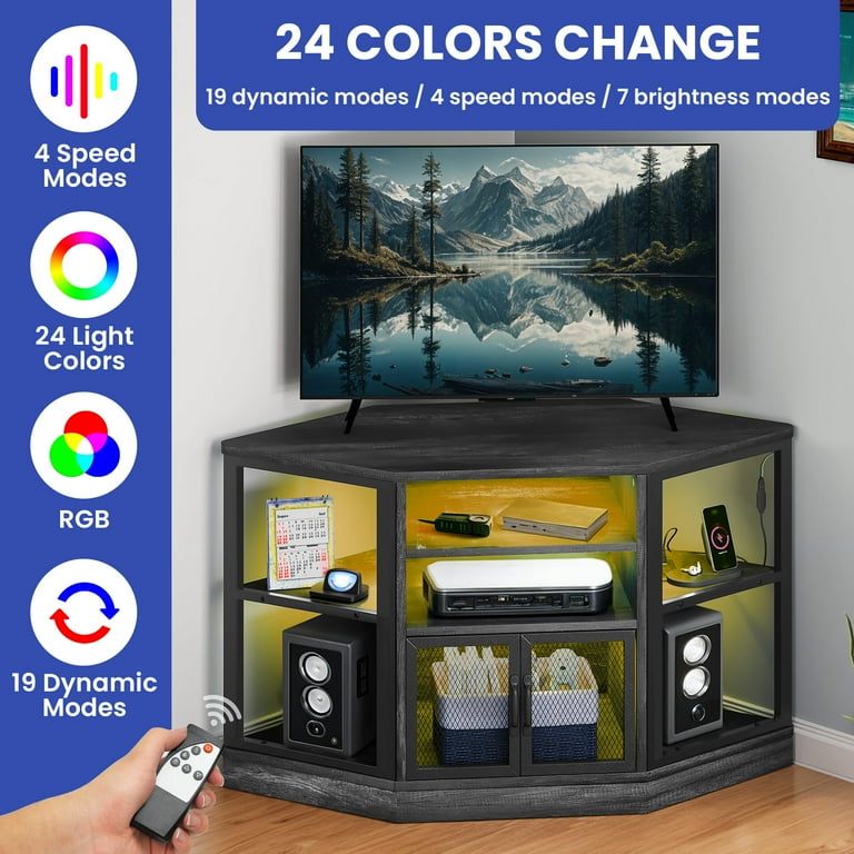 Uforic Corner TV Stand LED Lit Entertainment Center for TVS Up to 55 Inches for Living Room