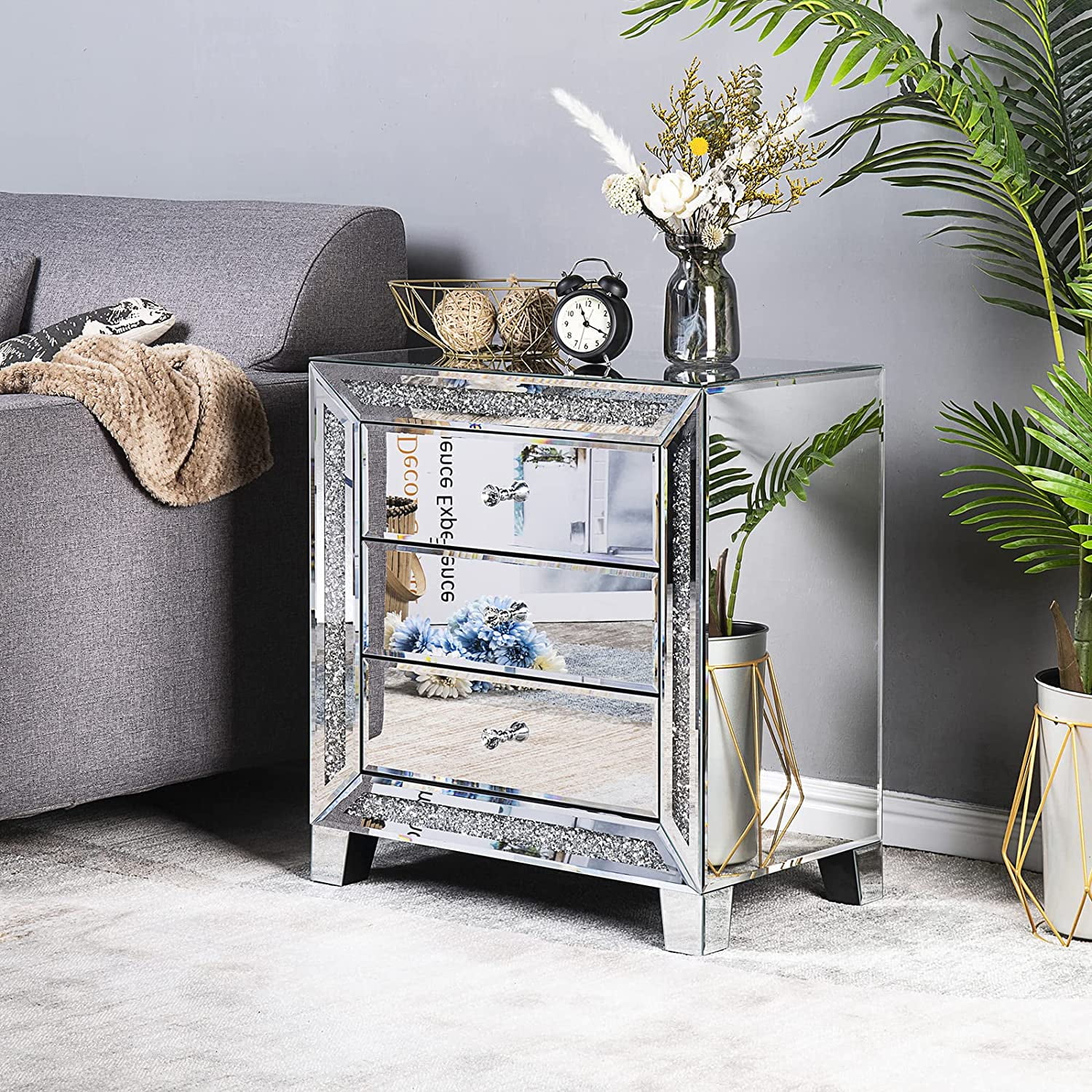 VINGLI Mirrored Nightstand Glass End Table Silver Night Stand for ...