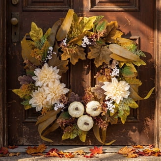 Simulated Maple Leaf Pumpkin Wreath with Berries and Acorns, Fall ...