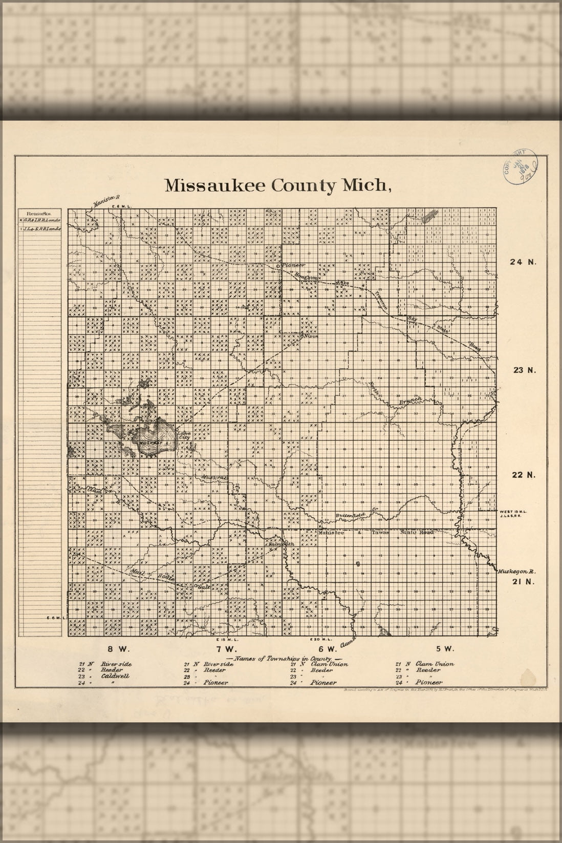24"x36" Gallery Poster, map of Missaukee County, Michigan 1878 ...