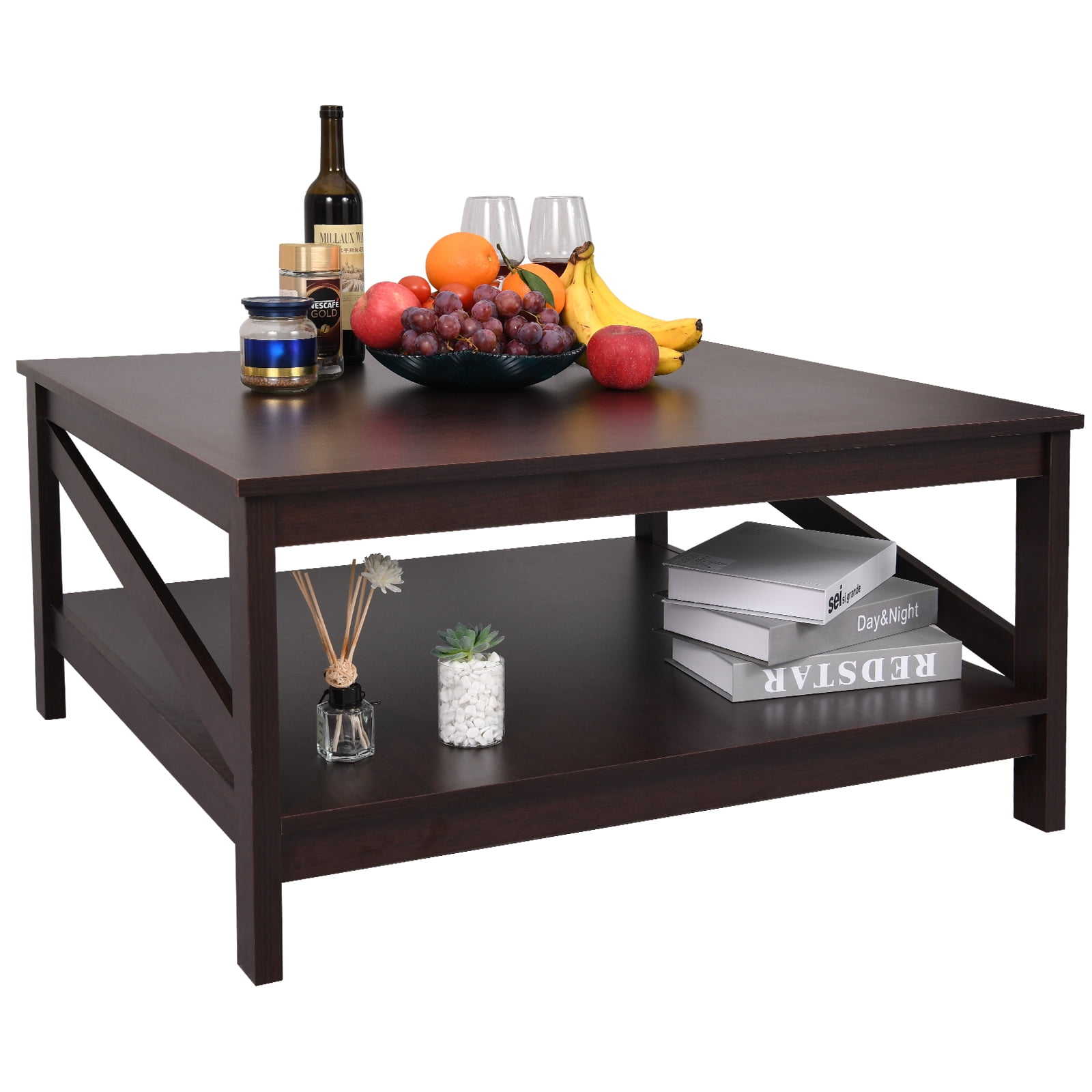 DWVO Wooden Coffee Table Storage Shelf Rectangular End Side Table ...