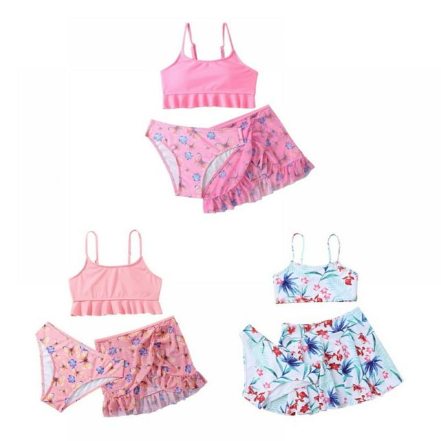 Girl's 3 Piece Swimsuits Print Bikini Bathing Suit Neck High Waisted ...
