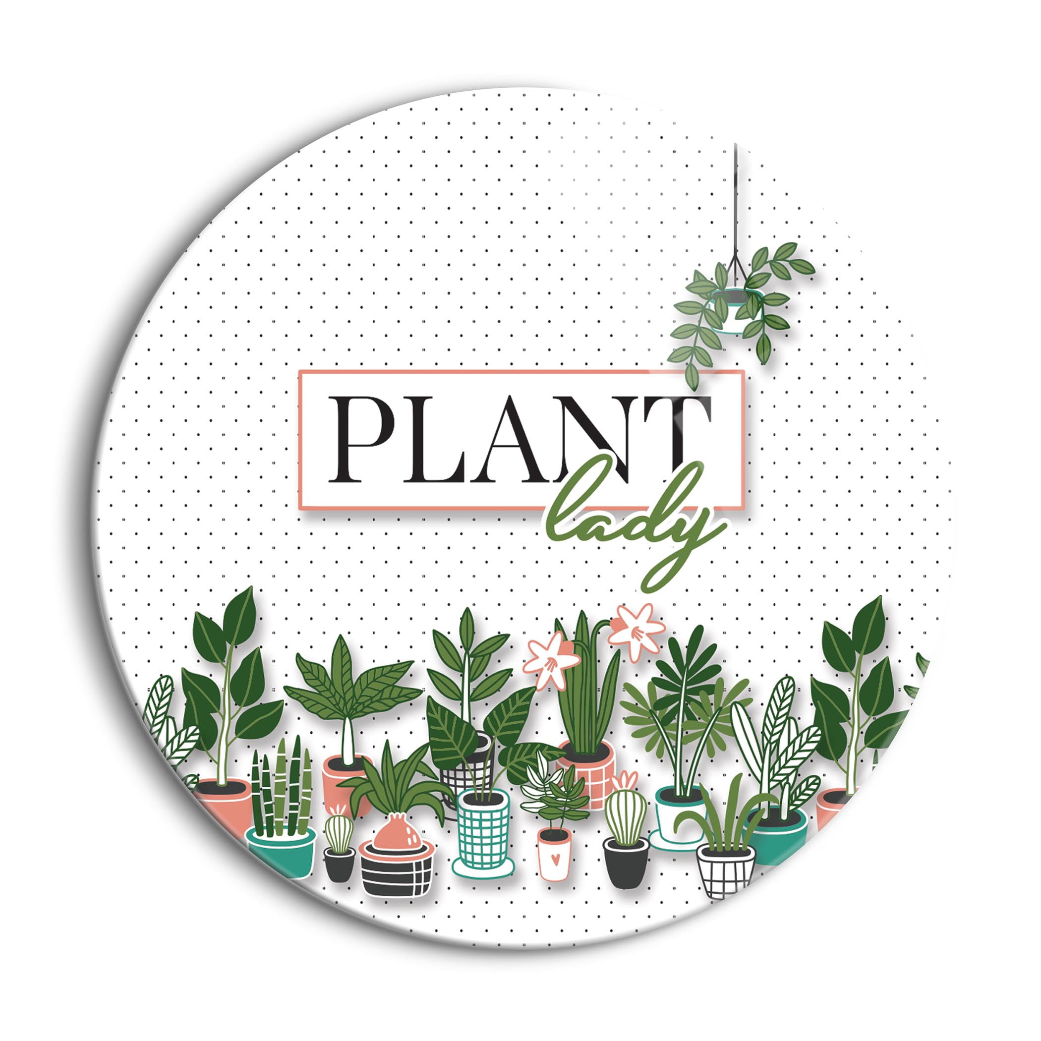Plant Lady Green Potted Plants Dots 24 inch Glass Round Wall Hanging ...