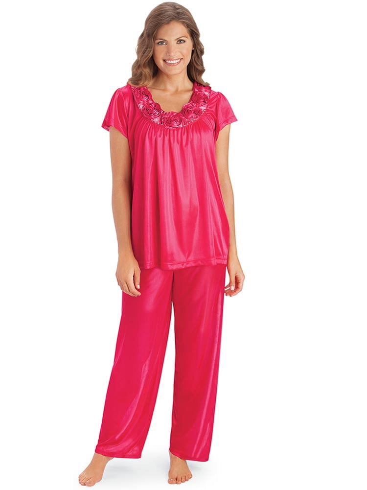Collections Etc Women's Rose Trim Short Sleeve Pajama Set Red XXX Large ...
