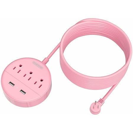 Pink Extension Cord 15ft, Flat Plug Power Strip with Long Extension ...