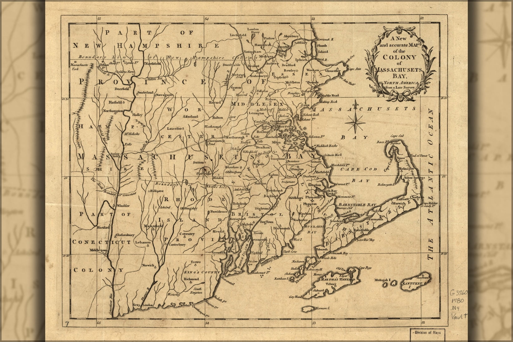 24"x36" Gallery Poster, map of colony of Massachusetts Bay 1780 ...