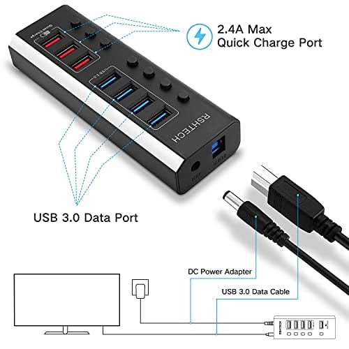 Concentrador USB alimentado RSHTECH 7 puertos Hub USB 3.0 con 4 puerto | Bodega Aurrera en línea