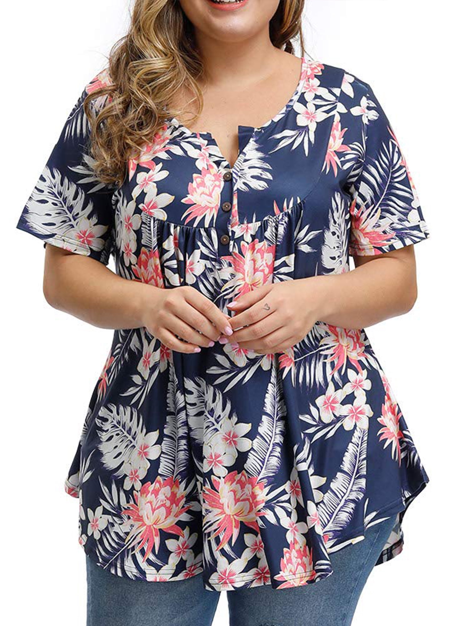 Plus Size Tops for Women Short Sleeve Buttons Up Blouses Flowy Floral ...