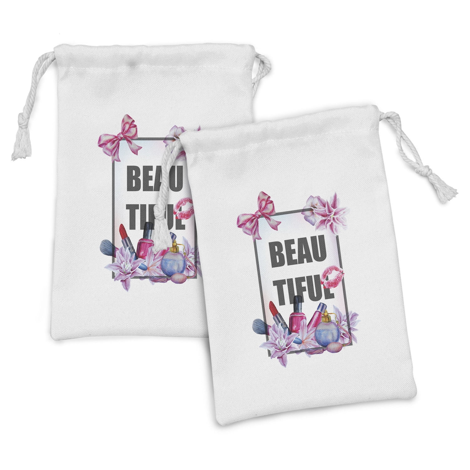 Girl Slogan Fabric Pouch Set of 2, Text in a Wreath Frame Design Floral ...